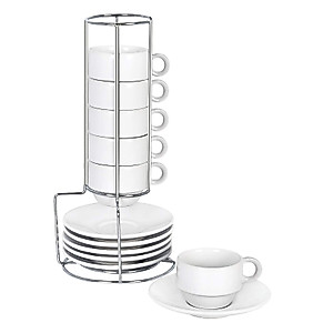 Lifecapido Espresso Cups and Saucers with Stand Rack, Porcelain Stackable Espresso Mugs, 2.5 Ounce Demitasse Cups Designed for Espresso, Latte, Cafe, Mocha - Set of 6 (White)