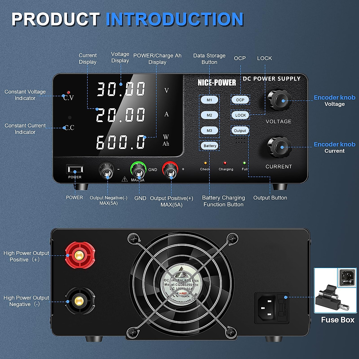 NICE-POWER DC Power Supply Variable, 30V 20A 600W High Power Bench Power Supply for Battery Charging, Adjustable Switching Regulated Power Supply with OCP, Memory Storage, Output Switch, Lock Button