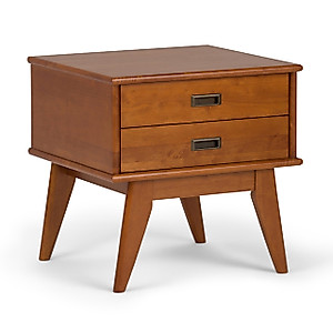 SIMPLIHOME Draper Solid Hardwood 22 inch wide Rectangle End Side Table in Teak Brown with Storage, 2 Drawers, for the Living Room and Bedroom