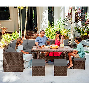 Nestl Outdoor Dining Set - 7 Piece Wicker Patio Set with Outdoor Dining Table, Outdoor Sectional Sofa and 3 Ottomans, Outdoor Patio Furniture, Patio Sectional, Patio Table and Chairs Set (Grey/Grey)