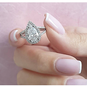 Blocaci Pear Shaped Engagement Rings for Women Platinum Plated Silver 1 Carat Center Moissanite Teardrop Women's Engagement Rings Wessing Anniversary Rings with Text Engraving（size 7