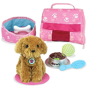 Sophia's Golden Plush Puppy Dog and Accessories Set with Leash, Food Bowl, Brush, Ball, Bone, Bed, Blanket, and Carrier Sized for 18" Dolls, Multicolor