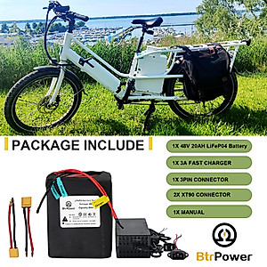 BtrPower 48V LiFePO4 Ebike Battery 20AH Lithium Battery Pack for 1500W-350W Motor, Built-in 40A BMS and 3A Fast Charger