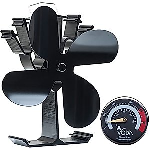 HEUNGBERANT Wood Burning Stove Fan Heat Powered Fireplace Fan for WoodLog BurnerFireplace, Black… (I shape with thermometer)