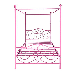Albearing Canopy Bed Frame Platform Metal Bed Frame Heavy Duty Steel Slat and Support with Headboard and Footboard No Box Spring Required (Full, Pink)