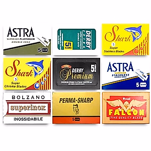 Razor Blades Club Astra-Derby-Shark-Permasharp-Bolzano-Treet 50 Quality Double Edge Razor Blades Sampler (9 different brands)