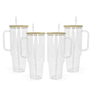 AGH 40oz Sublimation Glass Tumbler with Handle, 4pcs Clear Sublimation Glass Cups Blanks with Bamboo Lid & Plastic Straw, Reusable Iced Coffee Cup Fits in Car Cup Holder