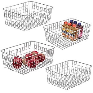 Wire Storage Baskets, iSPECLE 4 Pack Large Metal Wire Baskets Pantry Organization and Storage with Handles, Freezer Organizer Bins for Pantry Kitchen Shelf Laundry Cabinets Garage, White