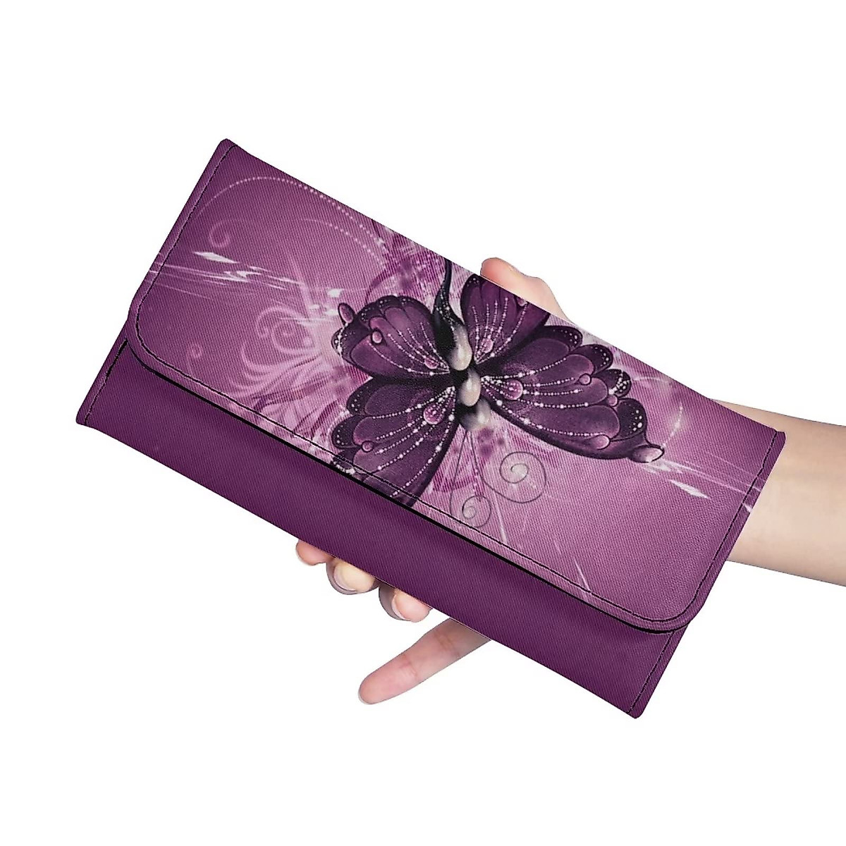 AFPANQZ Purple Butterfly Long Clutch Wallt for Ladies Girls Luxury RFID Blocking Tri-fold Leather Wallet Purse Big Capacity Phone Holder Coin Zip Pocket Multi Cards