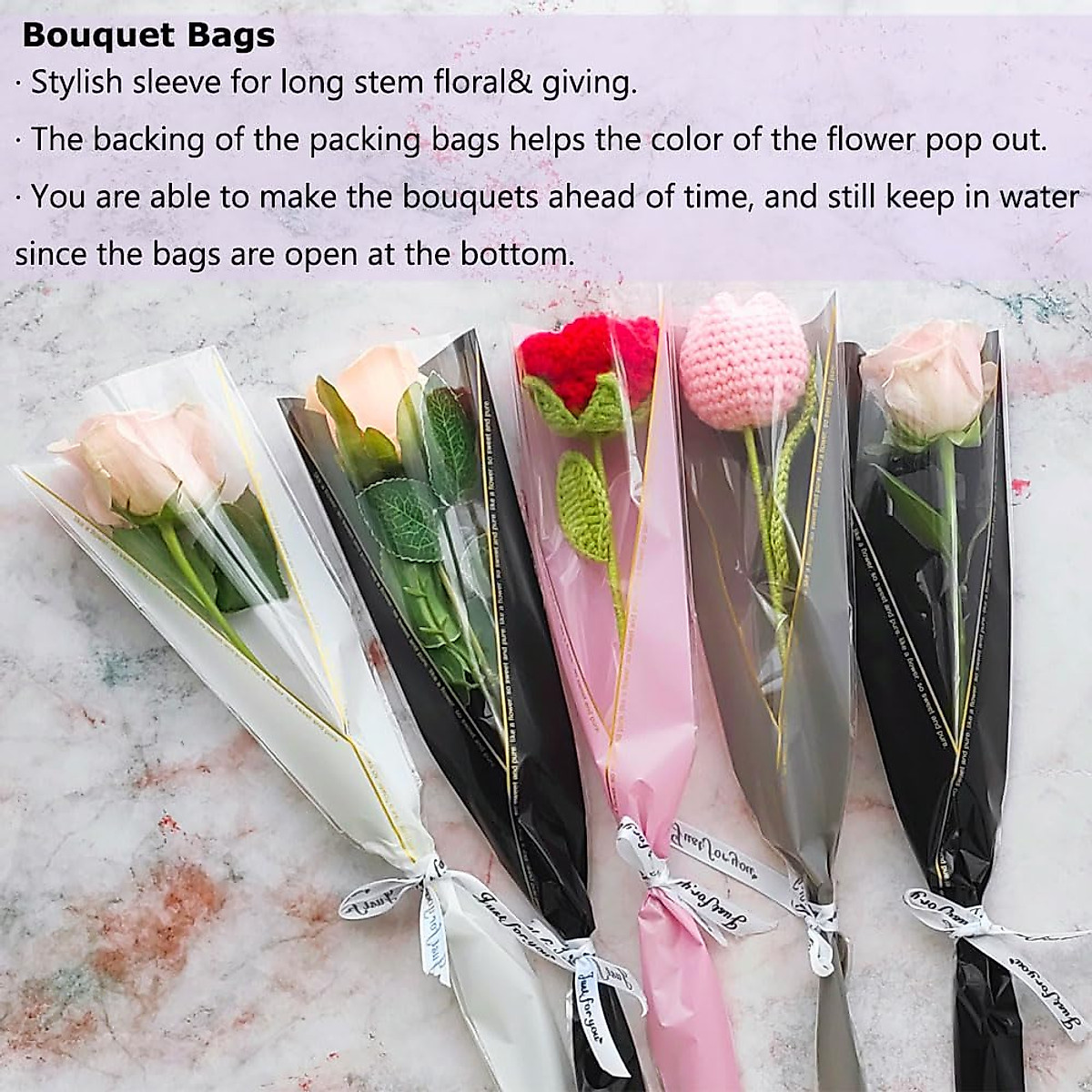 ZAYOIZY 50pcs Flower Bouquet Packaging Bags Single Rose Wrapping Sleeves Clear Cellophane Bags Plastic Bouquet Wrappers for Valentine' s Day Present, White