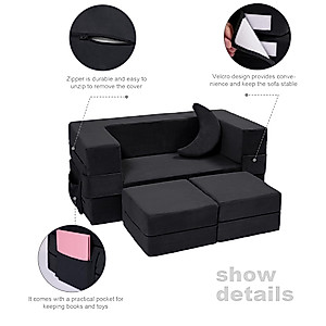 Elftopia Modular Kids Sofa,Toddler Couch Foam Armchair for Kids, Children Convertible Plush Sofa Play Set,Fold Out Sofa Bed(Black)