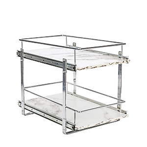 Household Essentials Faux Marble C53345-1 Glidez 2-Tier Kitchen Cabinet Organizer | Pull Out Shelves for Storage | 22 in D x 14.5 in W x 17 in H Wide