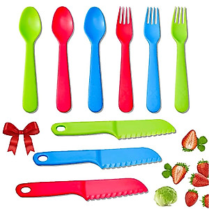 Kids Cutlery Set - Jawbush 9 Pcs Plastic Toddler Utensils with Nylon Knives Forks and Spoons for School Lunch Box, Multi-colored Kids Silverware Set, BPA Free Dishwasher Safe