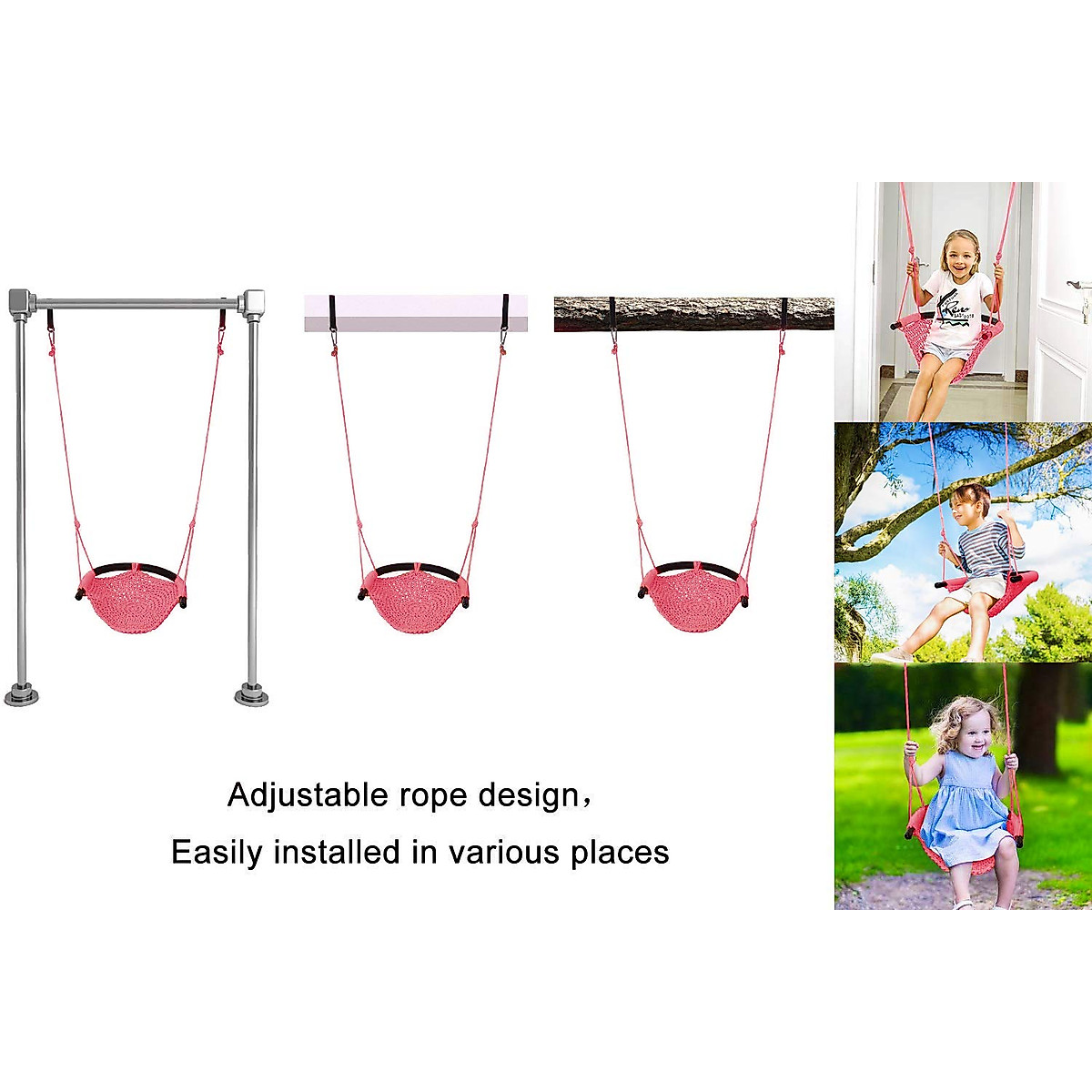 JKsmart Swing Seat for Kids Heavy Duty Rope Play Secure Children Swing Set,Perfect for Indoor,Outdoor,Playground,Home,Tree,with Snap Hooks and Swing Straps,440 lbs Capacity,Pink