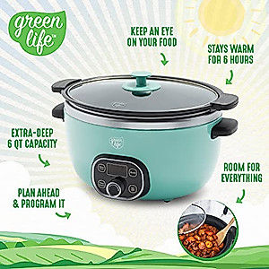 GreenLife Cook Duo Healthy Ceramic Nonstick 6QT Slow Cooker, PFAS-Free, Digital Timer, Dishwasher Safe Parts, Turquoise
