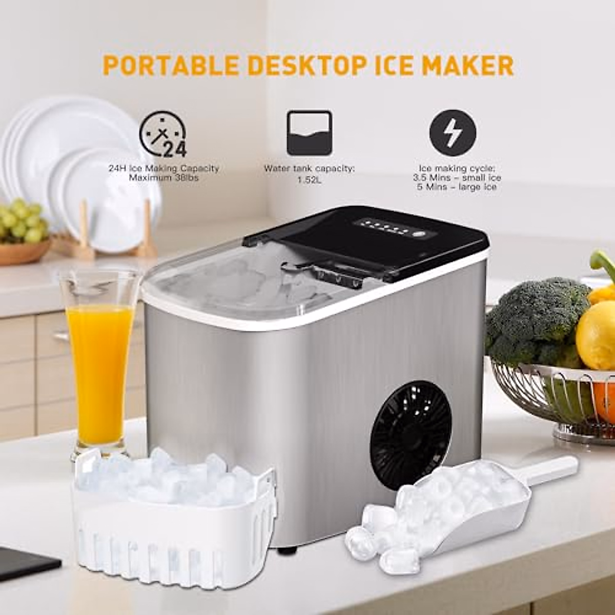38lbs per Day Ice Maker Machine, Large Capacity Countertop Self-Cleaning, Fast Making 9 Ice Cubes in 3.5 Mins, 2 Bullet Sizes, Quiet Operation for Kitchen, Camping, RV, and Parties