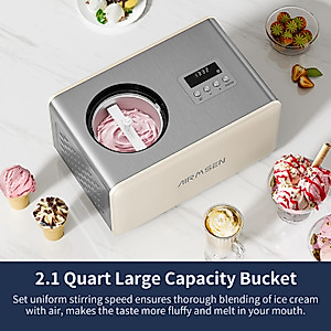 AIRMSEN 2.1-Quart Ice Cream Maker Machine with Built-in Compressor, No Pre-Freezing Required, Fully Automatic Frozen Treats Maker with LED Display & Timer, 72-Minute Cooling Function, Stainless Steel