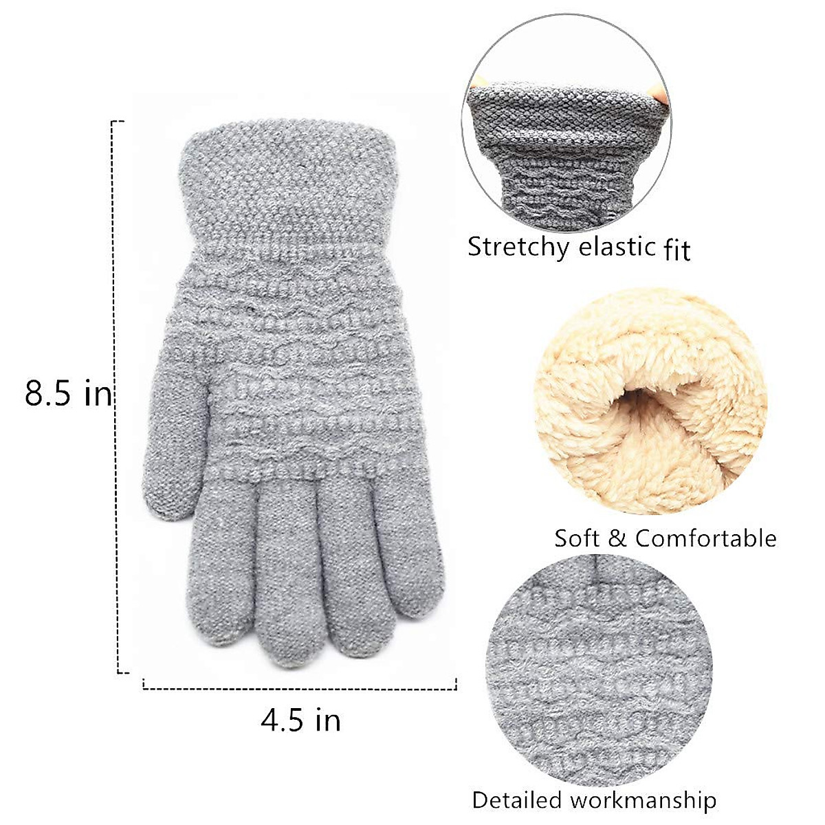 Women's Winter Warm Touch Screen Gloves Womens Thermal Grey Cable Knit Wool Fleece Lined Touchscreen Texting Mittens for Cold Weather One Size