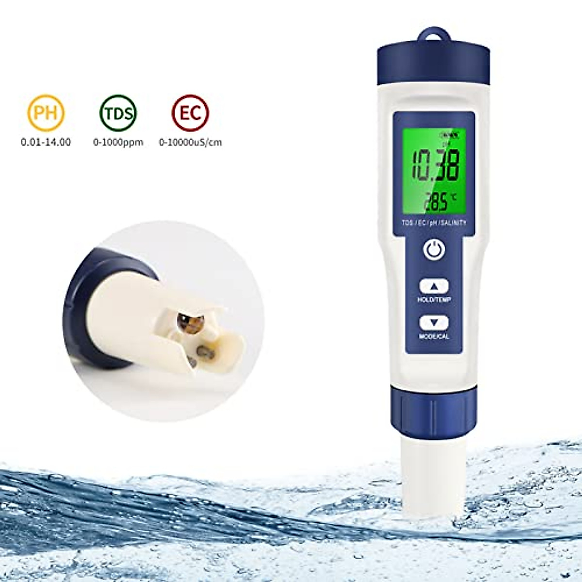 Water Quality Tester, PH Salinity Temp TDS EC Automatic Calibration Digital Water Detector IP67 Waterproof for Aquarium