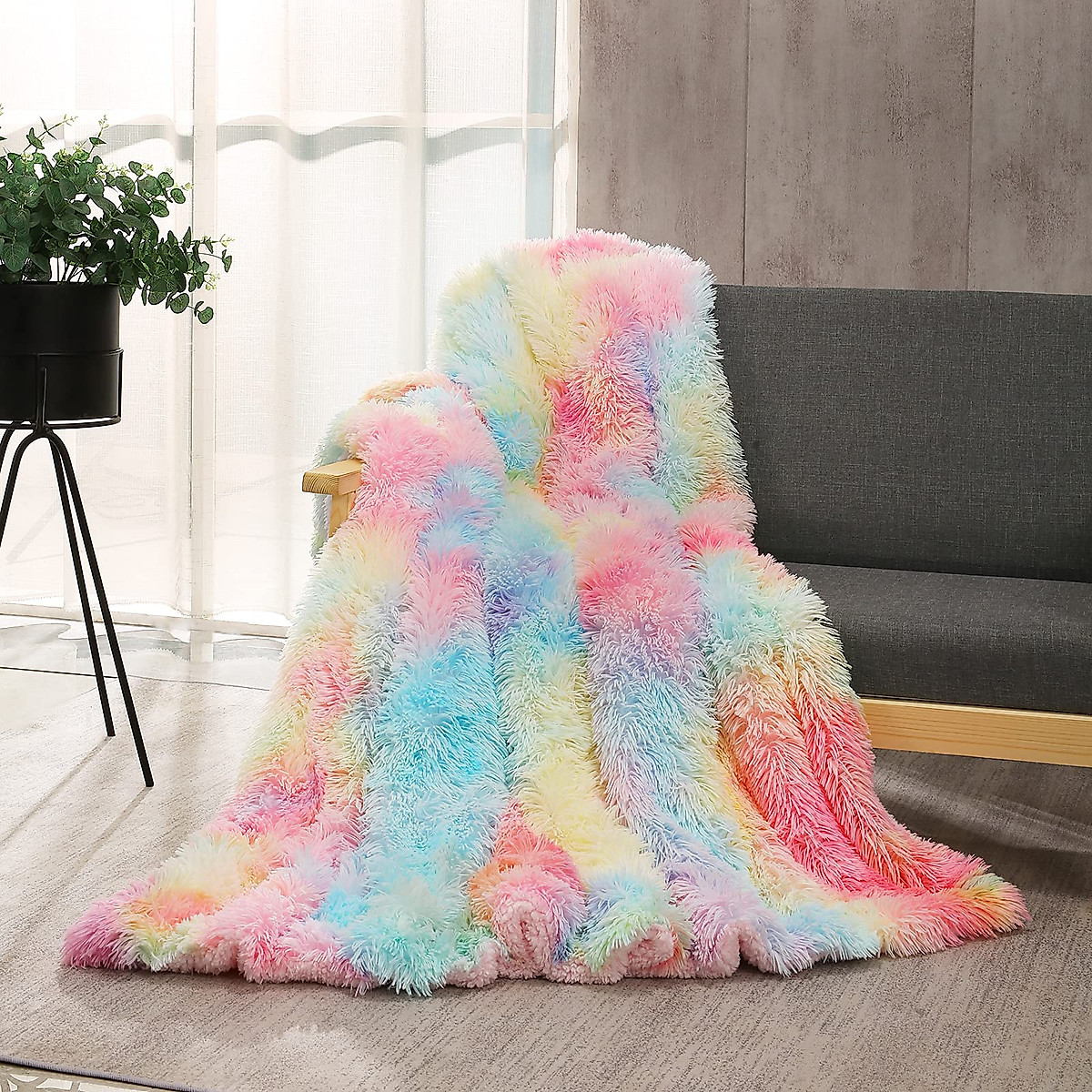 STFLY Faux Fur Throw Blanket, Decorative Luxury Tie Dye Rainbow Throw Blanket for Sofa Bed Couch, Shaggy Soft and Warm Blanket Cozy Plush Throws Queen Size for Autumn＆Winter, Girls