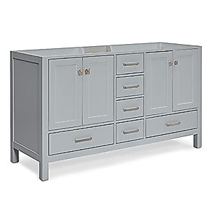 ARIEL 60" Grey Double Bathroom Vanity Base Cabinet, Double Sink Configuration, 4 Soft Closing Doors, 6 Full Extension Dovetail Drawers, Brushed Nickel