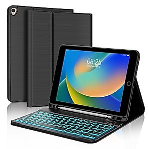 BORIYUAN iPad 10.2 inch Case with Keyboard, Detachable Bluetooth Keyboard with 7 Color Backlit, Slim Folio Smart Cover with Pencil Holder for iPad 9th/8th/7th Gen/iPad Pro 10.5"/iPad Air 3rd Gen Black