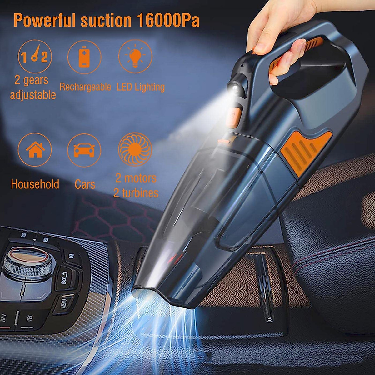 Fedemer Handheld Vacuum Cleaner, 16000PA Powerful Suction Cordless Rechargeable, for Car Home Office Cleaning with LED Light GV03 Black/Orange