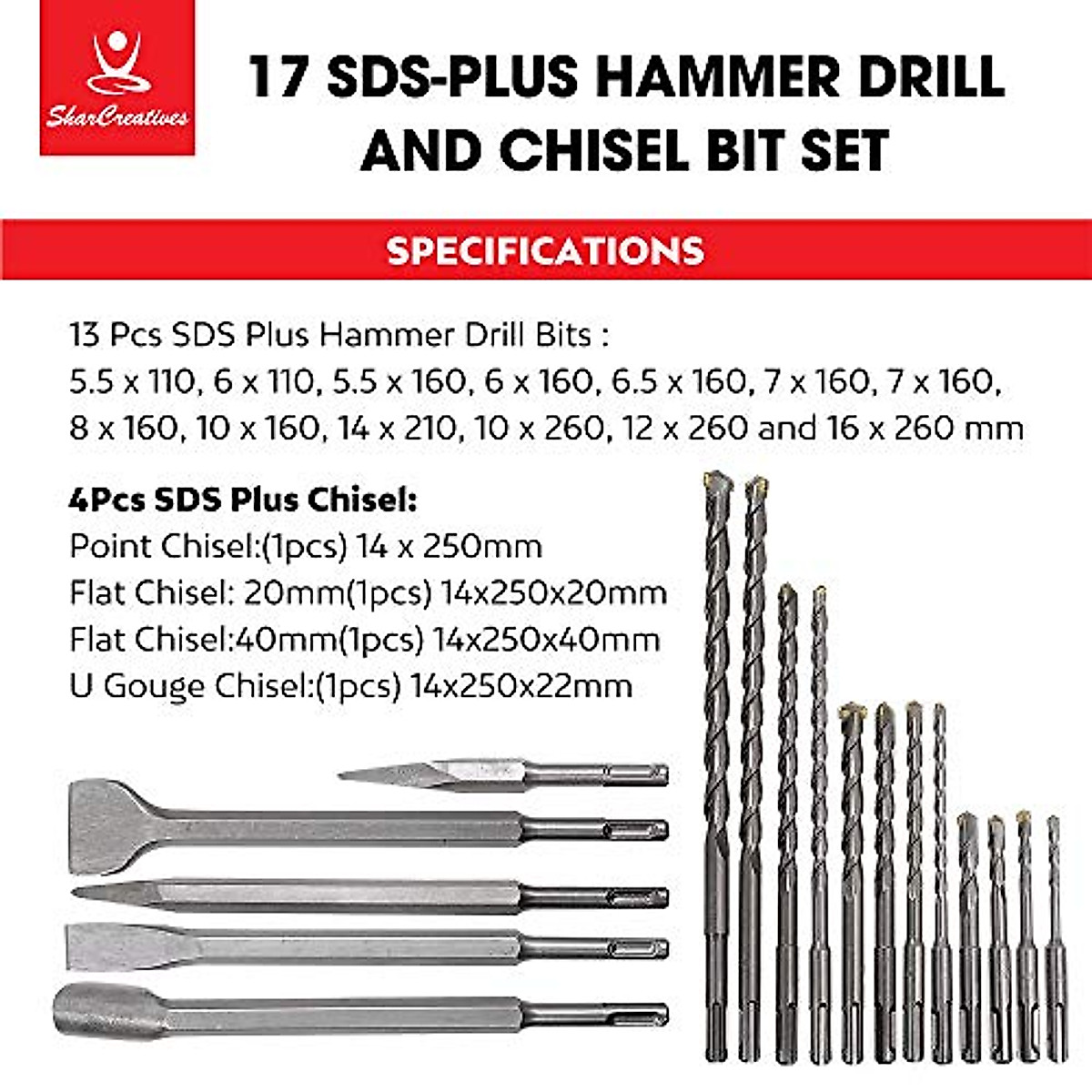 SharCreatives 17 Pieces SDS PLUS Rotary Hammer Drill Bits Set & Chisels with Storage Case for Drilling Concrete, Masonry, Bricks and Stone