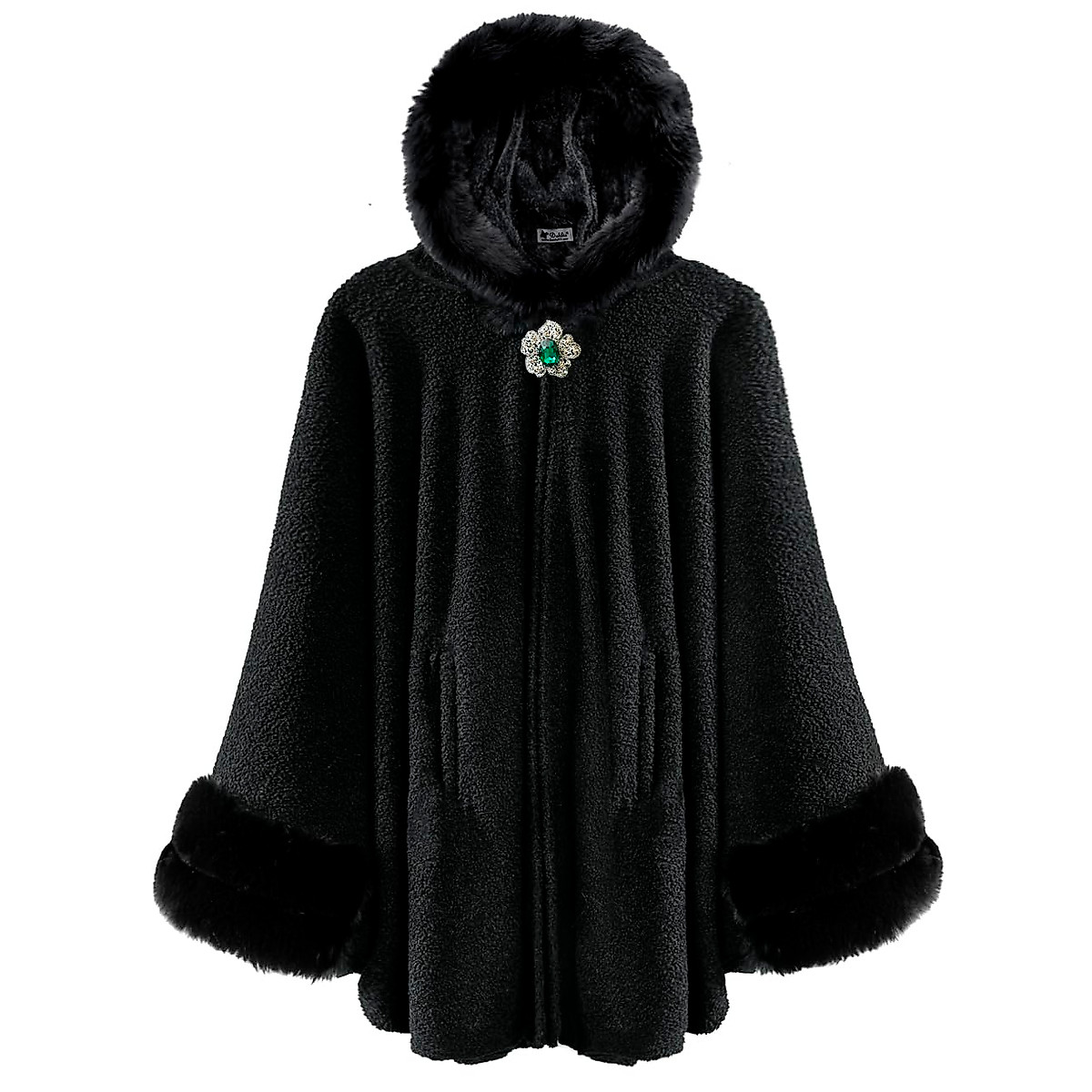Dahlia Women's Winter Poncho Cape – Luxurious Faux Fur-Trimmed, Shed-Free, Silky Touch, Fleece-Lined Elegant Cloak, Black Large