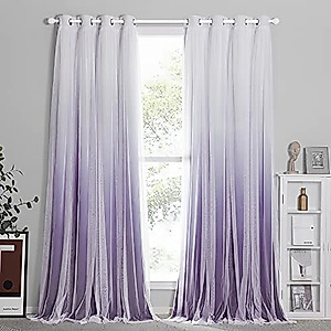 PONY DANCE Purple Curtains for Bedroom - Double-Layered White and Lilac Ombre Blackout for Living Room, Room Darking,52 x 84 Inch, 2 Pieces