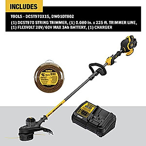 DEWALT FLEXVOLT 60V MAX* String Trimmer, Two Speed, 15-Inch, 3-Ah Battery & Extra Trimmer Line, 225-foot by 0.080-Inch (DCST970X1 & DWO1DT802) Yellow
