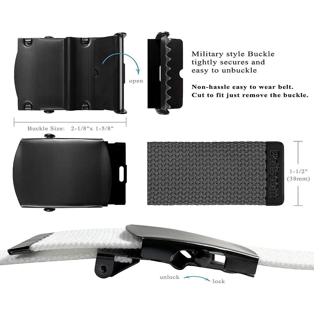 ALC-1-5 Military Belt Canvas Belt Web Belt Non Leather Belt Black Buckle/Tip One Size fits all, 1-1/2" Wide (Black)