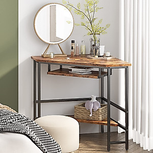 soges Corner Desk for Small Space, Computer Desk with Storage Shelf and Keyboard Tray, Triangle Vanity Desk with Sturdy Metal Frame, Compact Home Office Table, Rustic Brown