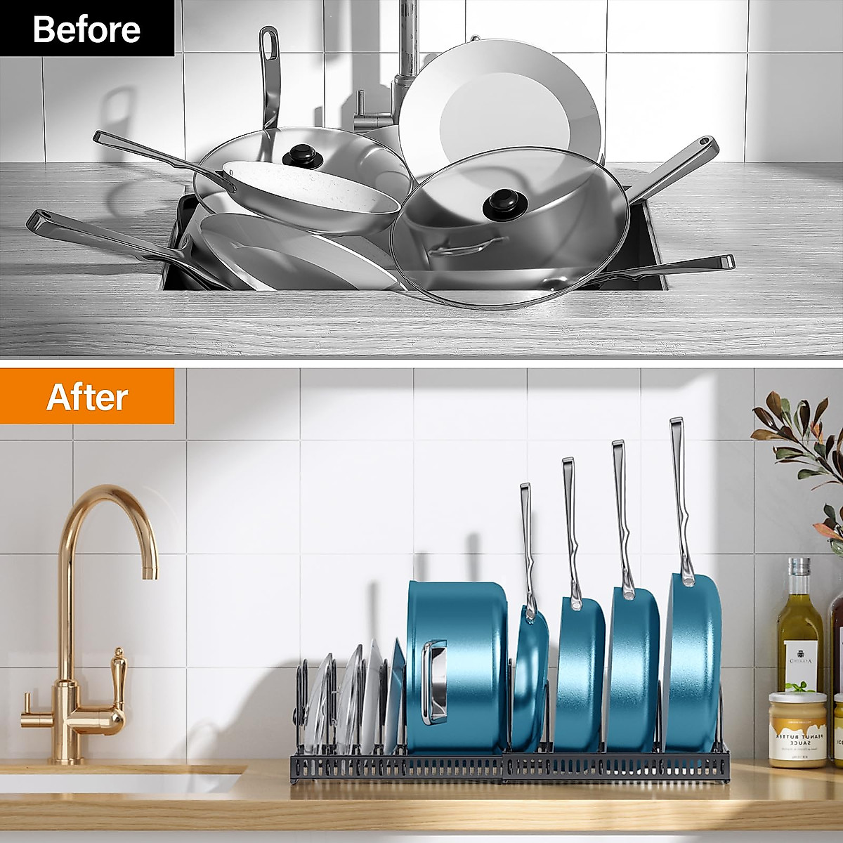 ORDORA Pot and Pan Organizer Rack for Cabinet - Expandable Cutting Board Pot Lid Organizer Holder with 11 Adjustable Dividers for Kitchen Cabinet Cookware Baking Frying Rack