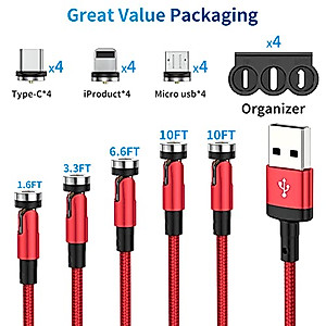 HYDOOD Magnetic Charging Cable (5-Pack, 10/10/6.6/3.3/1.6FT), 540° Rotation Magnetic Phone Charger Cable with LED Light Compatible with Micro USB, Type C and iProduct Device | Red Nylon-Braided Cord