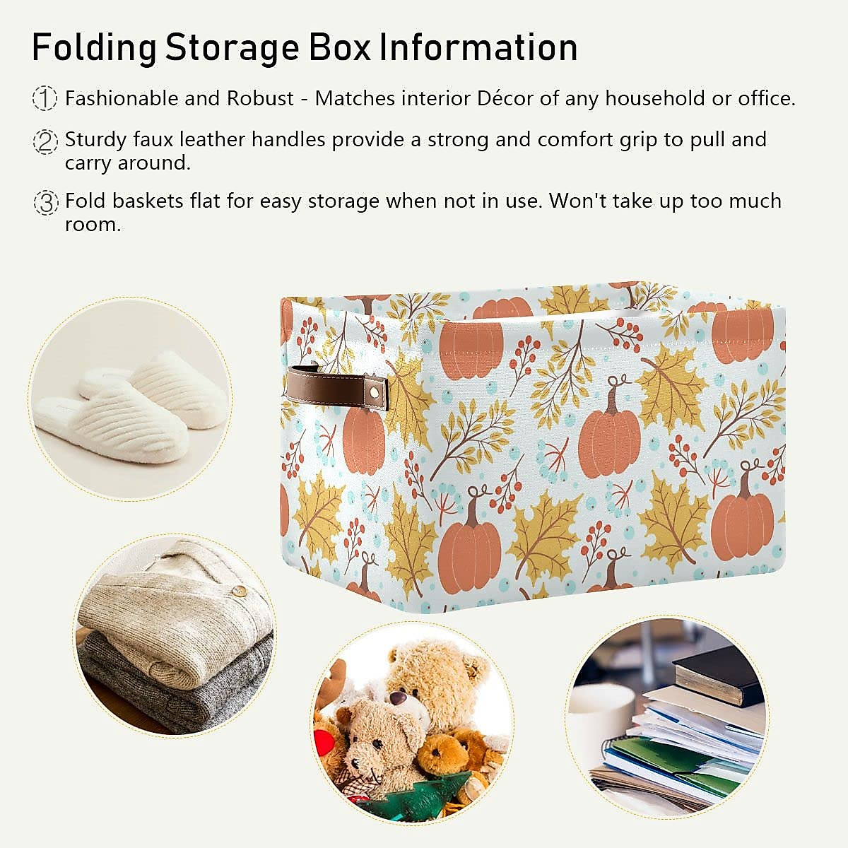 Fall Pumpkin Storage Basket Fabric Storage Bin Laundry Baskets Autumn Maple Leaves Foldable Storage Boxes Organizer Bag for Baby Cloth Dog Toy Book Storage Cubes Shelf Closet Basket 16×12×8 Inches