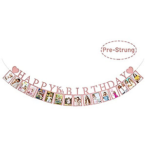 Sweet 16 Birthday Decorations Photo Banner in Rose Gold Pre-assembled - Sweet 16 Banner WITH Sixteen Photo Card Frames Party Supplies - Happy 16th birthday decorations for girls with 16 Signs