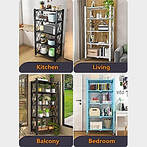 5-Shelf Foldable Storage Shelves with Wheels, Metal Shelves Heavy Duty Large Capacity Storage Shelving Unit, No Assembly, for Garage Kitchen, Warehouse, Closet, Basement and Pantry (Black, 5 Tier)