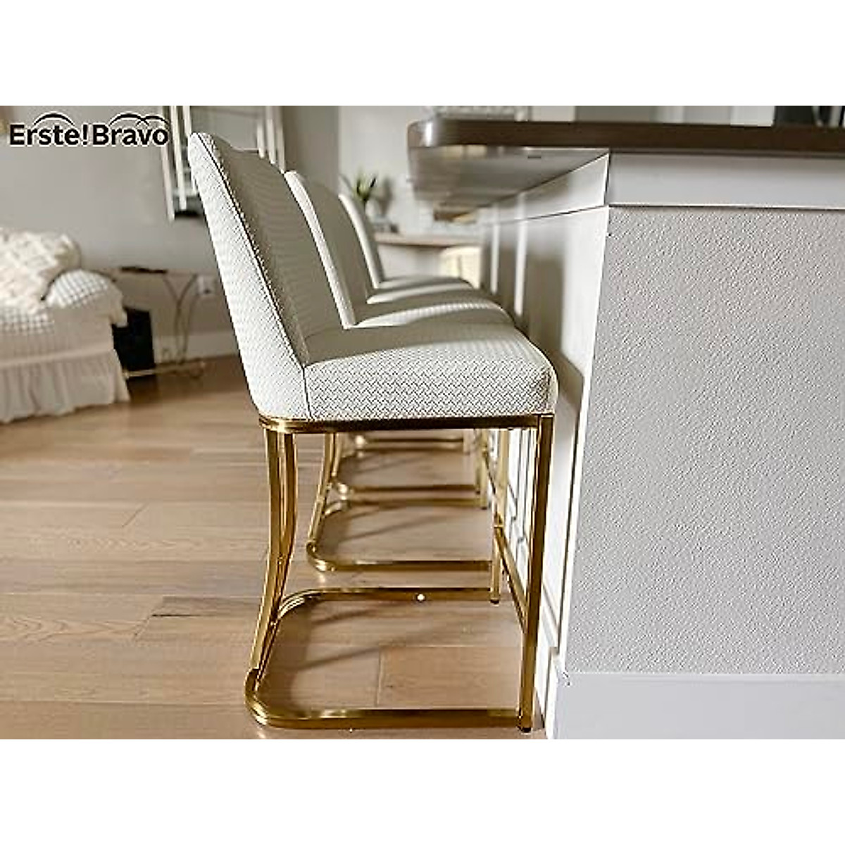 Erste!Bravo Creamy White Counter Height Bar Stools Set of 4 for Kitchen Counter 24 Inch Modern Gold Barstools with Back Faux Leather Upholstered Farmhouse Bar Chairs Island Stools, Creamy White+Gold