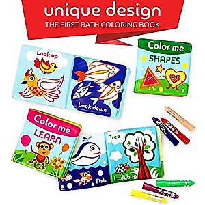 BabyBibi Color Me Bath Books Plus Crayons – Set of 4 Different Books – Includes 6 Washable Bath Crayons – Learn and Play Including Opposites and Shapes – Suitable for 2+