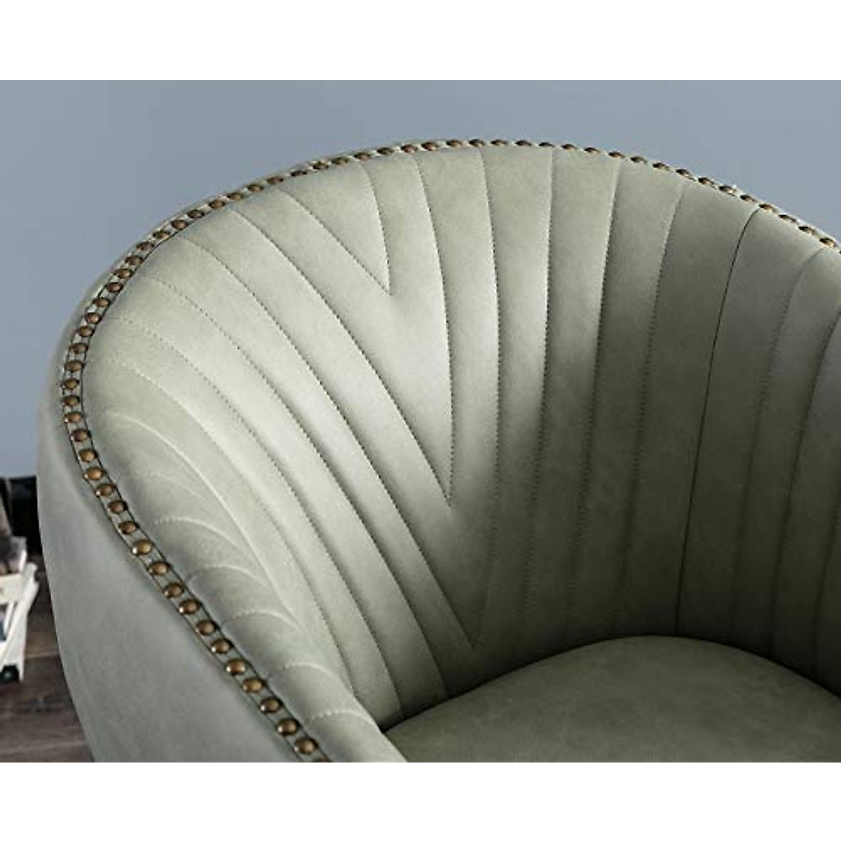 Guyou Barrel Home Office Desk Chair with Wood Base, Upholstered Ergonomic Accent Arm Chair with Luxurious Nailheads and Pleated Mid-Back for Home Studio Bedroom Vanity, Green in Faux Leather