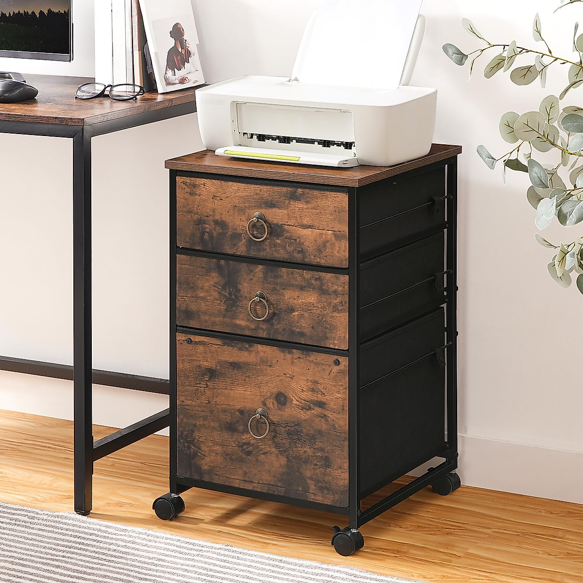 HOOBRO 3-Drawer Mobile File Cabinet, Vertical Filing Cabinet, Under Desk Cart with Drawers for Home Office, Rolling Printer Stand, A4/Letter-Sized, Fabric Drawer, Rustic Brown BF30WJ01