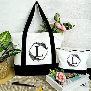 AUNOOL Personalized Tote Bag for Women Initial Embroidery Makeup Bag, Canvas Beach Tote with 2 Pockets, Bridal Party Gifts Reusable Grocery Bags for Wedding Holiday Shopping Picnic Travel Letter E