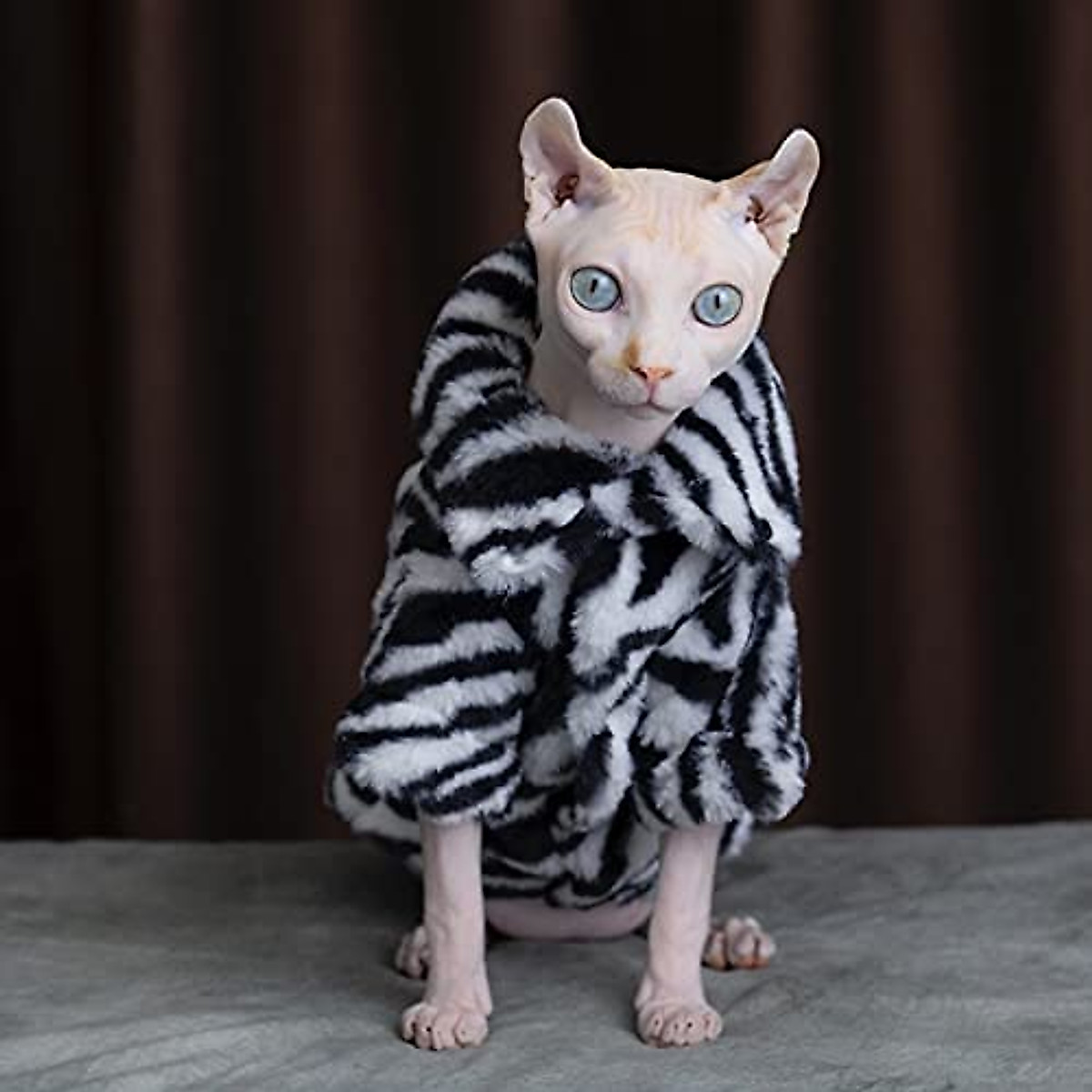 Sphynx Hairless Cat Clothes Winter Thick Warm Zebra Pattern High Collar Coat for Cats Soft Faux Fur Pet Clothes with Sleeves (Zebra, XL（8.8-11lbs）)