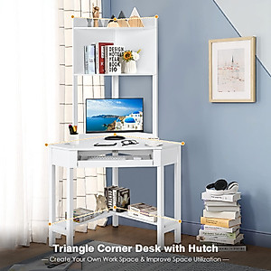 COSTWAY Corner Desk with Hutch, Compact Corner Computer Desk, Study and Writing Table with Keyboard Tray & Bottom Shelves, Space-saving Laptop PC Desk for Small Space, Home, Bedroom, Apartment (White)