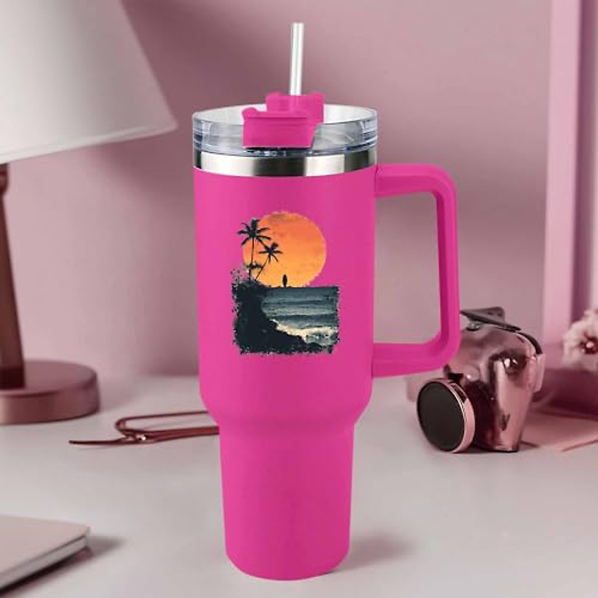 LB LEOBON 40 ounce insulated cup with handle, double-layer vacuum stainless steel material, equipped with straw, can keep warm or maintain cold drinks Neone Poppe Sunset 2 Bright pink