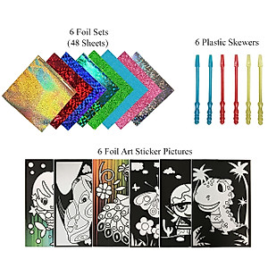 VHALE Foil Art Craft Kit 6 Pack Sticker Picture (9.5 x 6.5 inch), 48 Foil Sheets and 6 Skewers, Peel and Paste Sparkly Foil Art, Classroom Arts and Crafts, Great Travel Toys, Kids Party Favors
