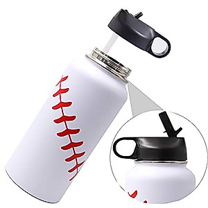 32 oz Baseball Softball Water Bottle, Wide Mouth Sports Flask Metal Travel Tumbler with 2 Lids 18/8 Stainless Steel Double Wall Vacuum Insulated (32oz, White baseball)