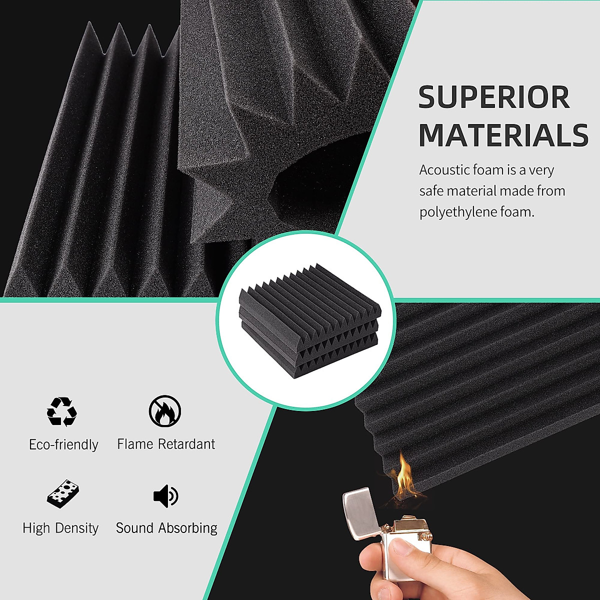 Acoustic Foam Panels - Pack of 12 Flame Retardant Sound Proof Foam Panels for Walls Ceilings Reduces Reverb Echo 12” x 12” x 2” Sound Insulation Wedge Noise Cancelling Foam Tiles for Home Office