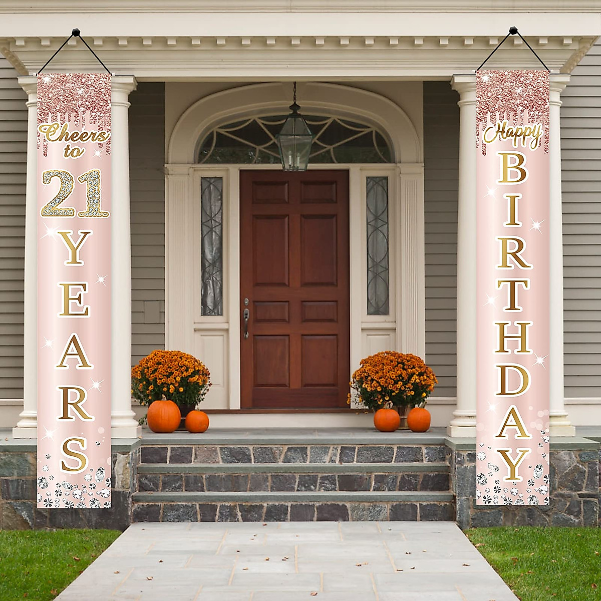 21st Birthday Door Banner Decorations for Her, Pink Rose Gold Happy 21 Birthday Door Porch Backdrop Party Supplies, Happy Birthday Cheers to 21 Years Sign Decor